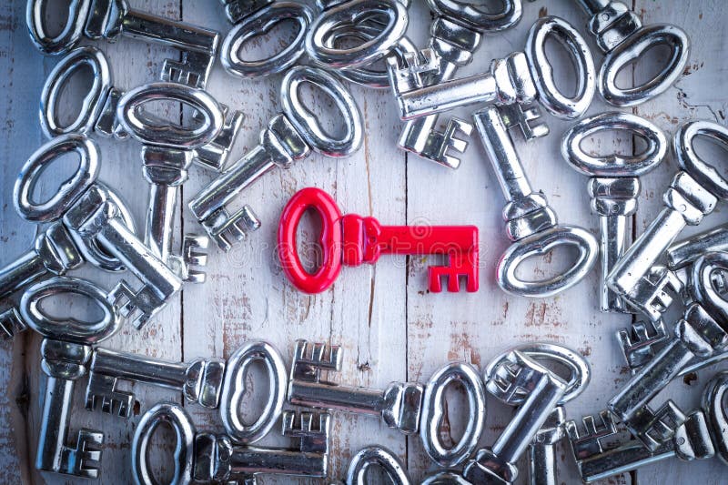 Red Key with Silver Keys Background Stock Image - Image of turn ...