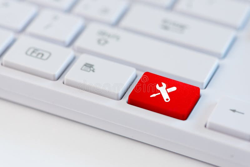 Red Key with Work Tools Icon on White Laptop Keyboard Stock Image ...