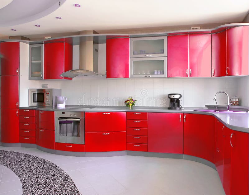 Red kitchen stock photo. Image of estate, cupboard, blue - 10199872