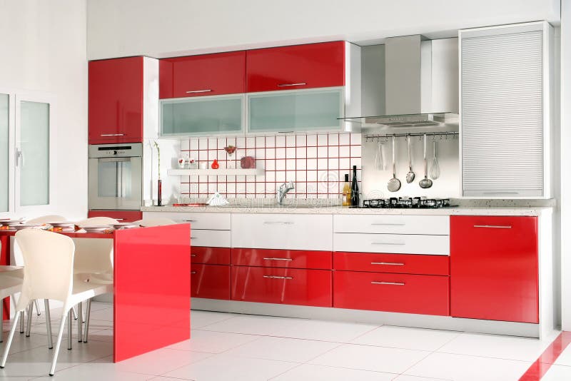 Red kitchen desing stock image. Image of dining, estate - 119291415