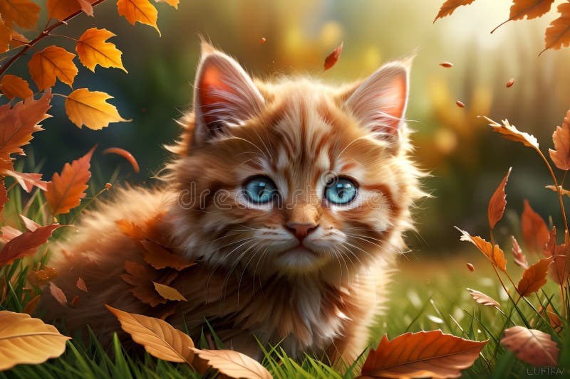 Red Kitten among Falling Leaves in Autumn Stock Photo - Image of leaves ...