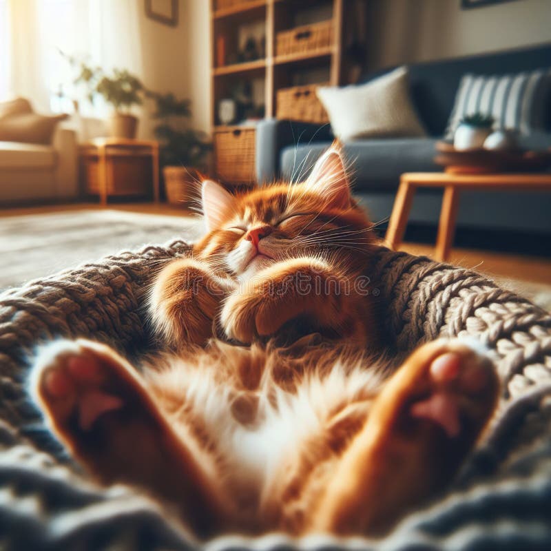 A Red Kitten Laying on His Back and His Paws in the Air Dreaming Stock ...