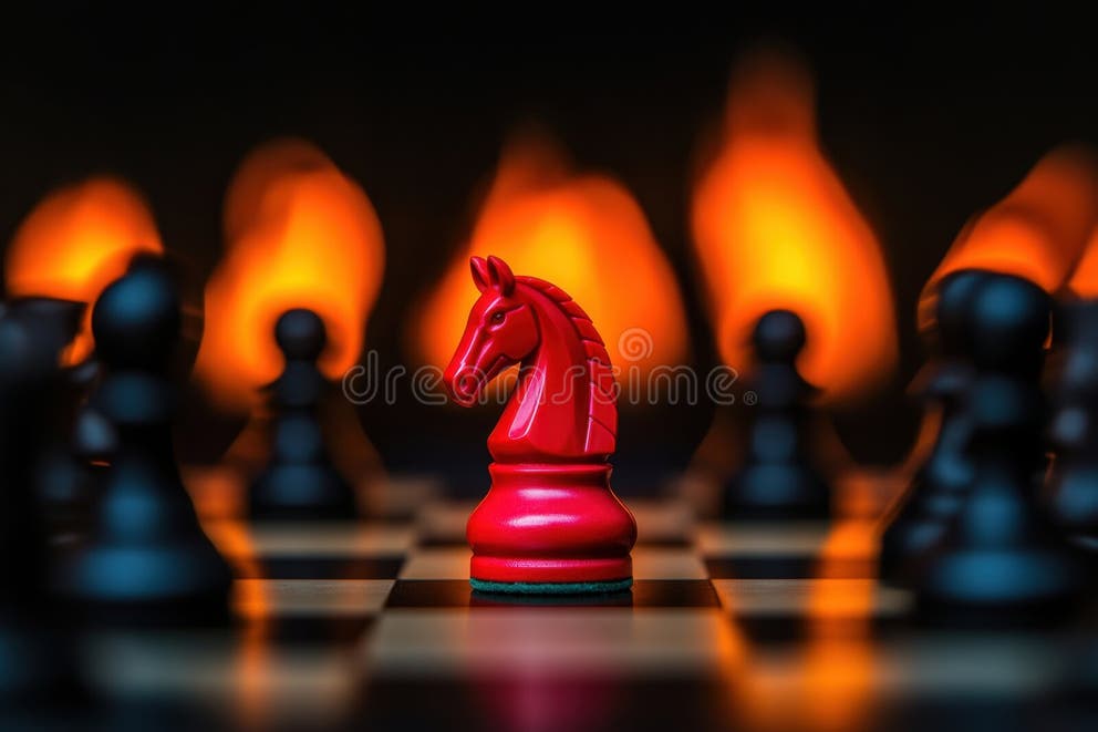 Red Knight Chess Piece in Dramatic Focus with Fiery Background. Stock ...