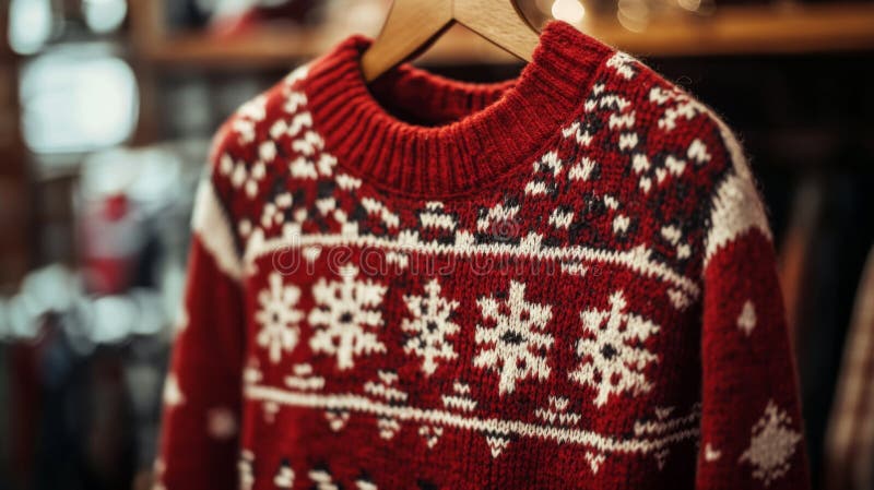 Red Knit Sweater with White and Black Snowflake Pattern Stock ...