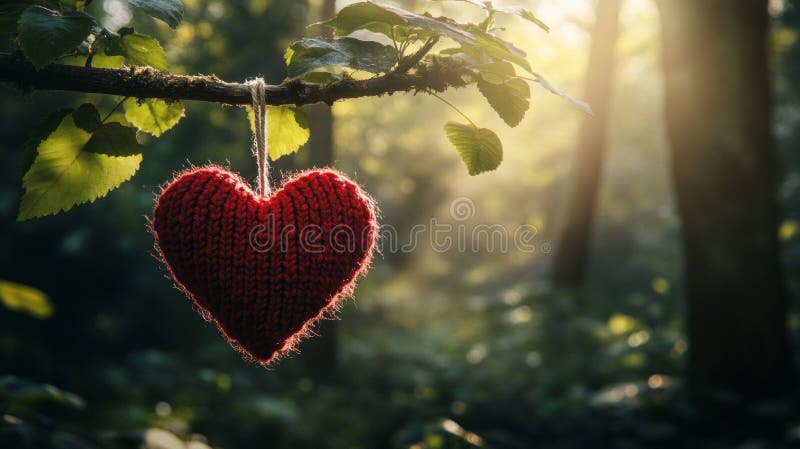 Red Knitted Heart Hanging from Tree Branch in Sunlit Forest Stock ...