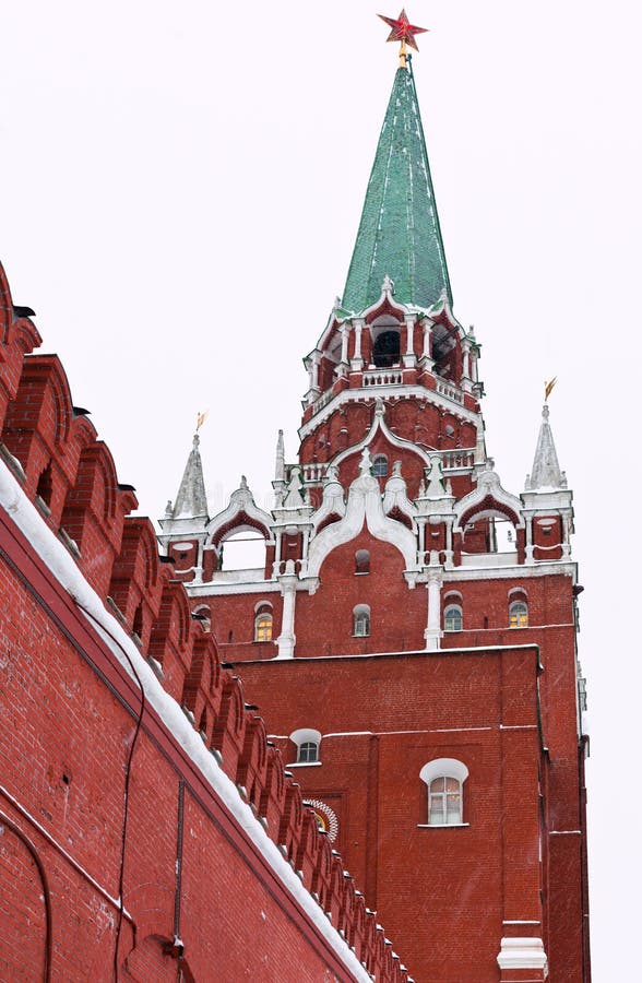 Red Kremlin Wall and Troitskaya Tower in Winter Stock Image - Image of ...