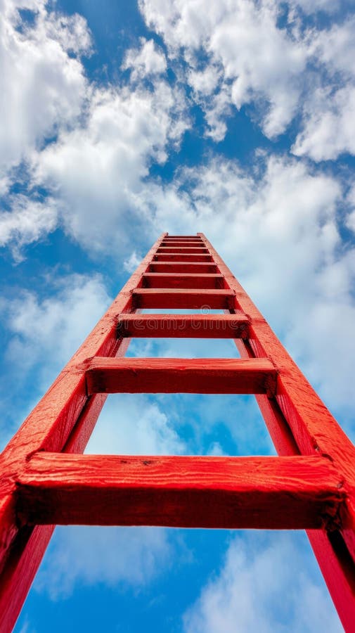 Red Ladder Ascending into the Sky Against a Blue Background Stock Photo ...