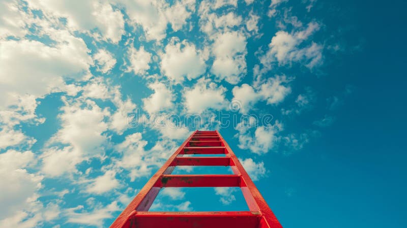 Red Ladder Leaning Against a Blue Sky with Clouds Stock Photo - Image ...