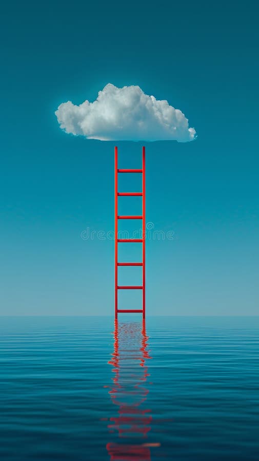 Red Ladder Reaching a Single Cloud Over Calm Blue Sea Stock Photo ...