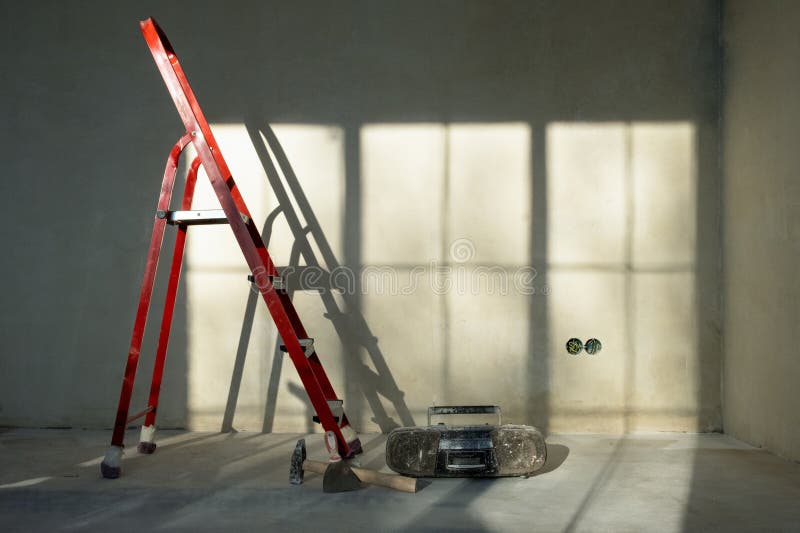 Red Ladder Stepladder in Empty Room, without Renovation. Grey ...