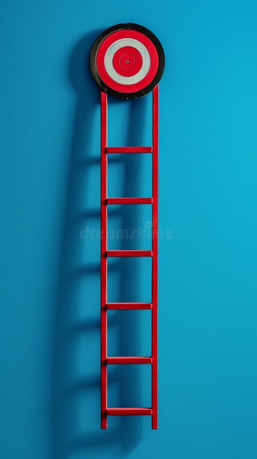 Red Ladder with Target on a Bright Blue Wall, Minimalistic Concept ...