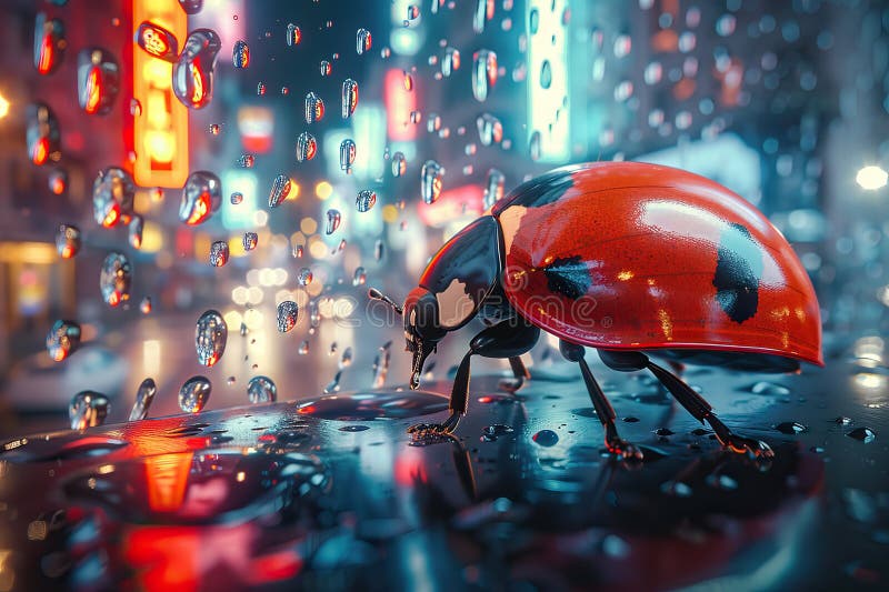 Red Ladybug on a Reflective Surface with a Blurry City Backdrop in the ...