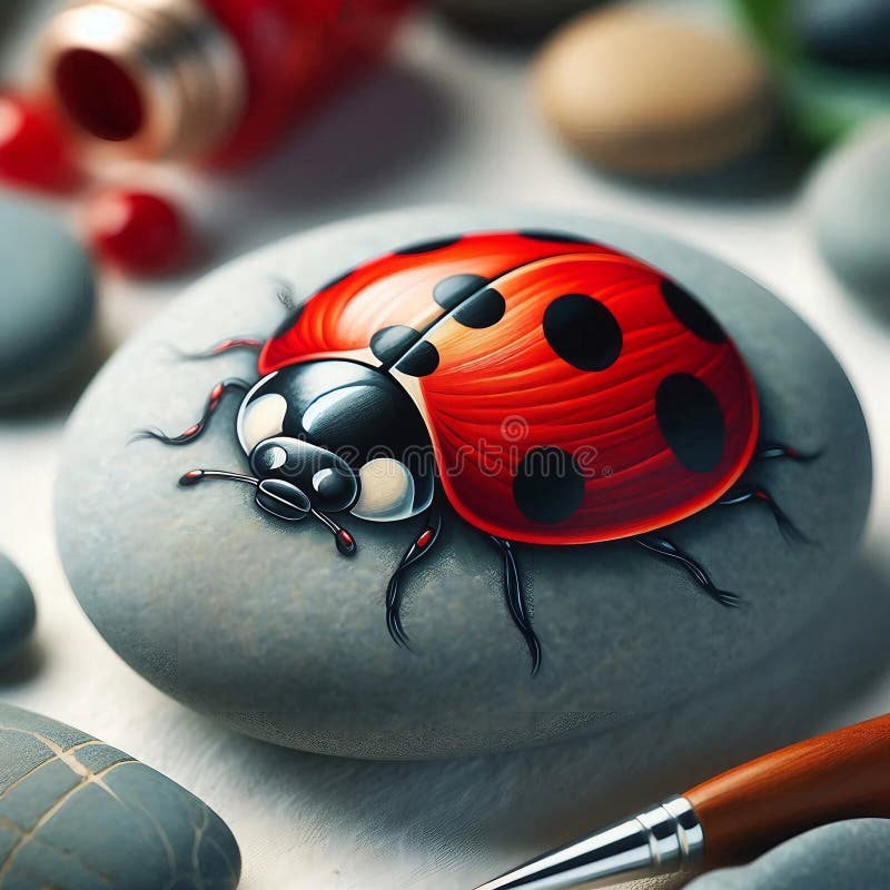 A Red Ladybug with Black Spots Painted on a Smooth, Rounded Stone ...