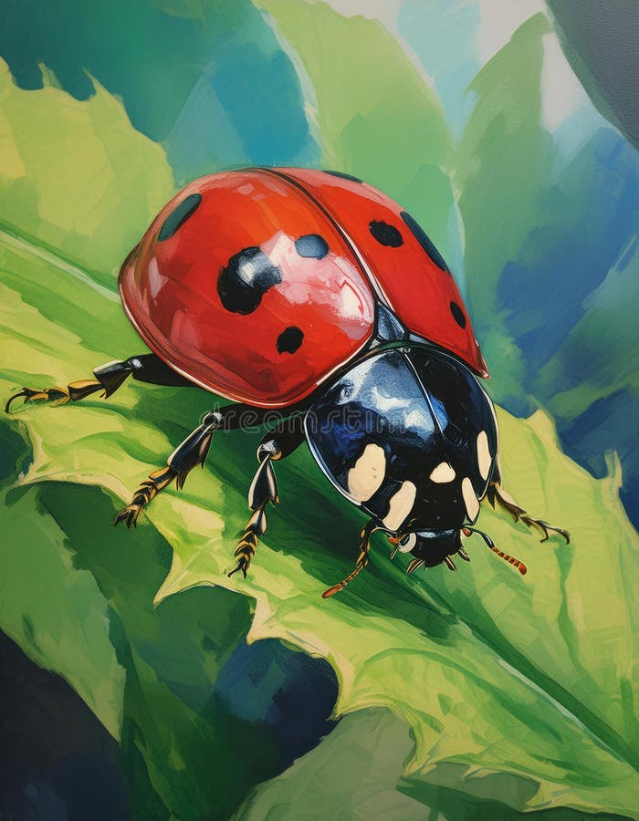 Red Ladybug with Black Spots Perched on a Green Leaf Edge. Stock ...