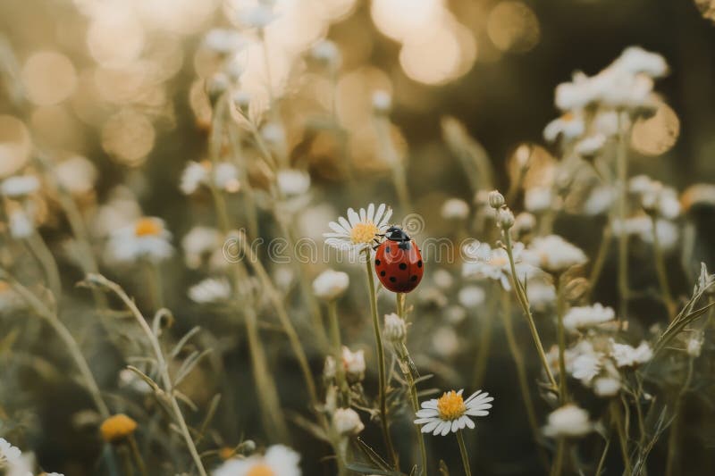 Red Ladybug Crawling on Chamomile Flower Stem in a Vibrant Spring ...