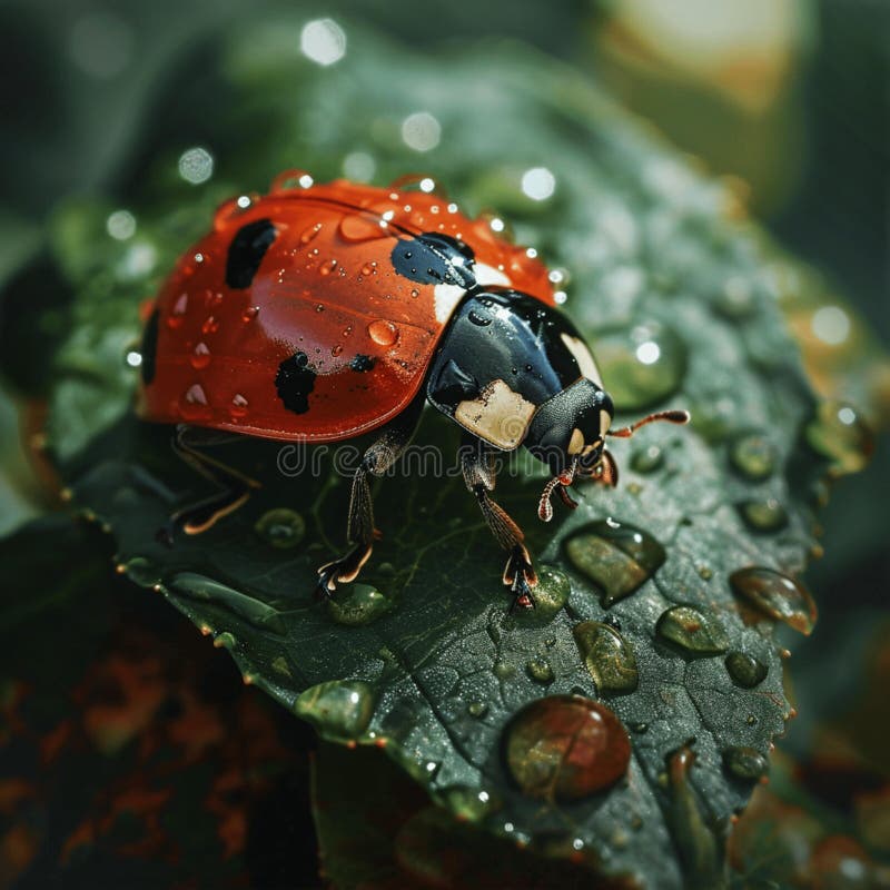Red Ladybug with Dew Drops on a Leaf Stock Illustration - Illustration ...