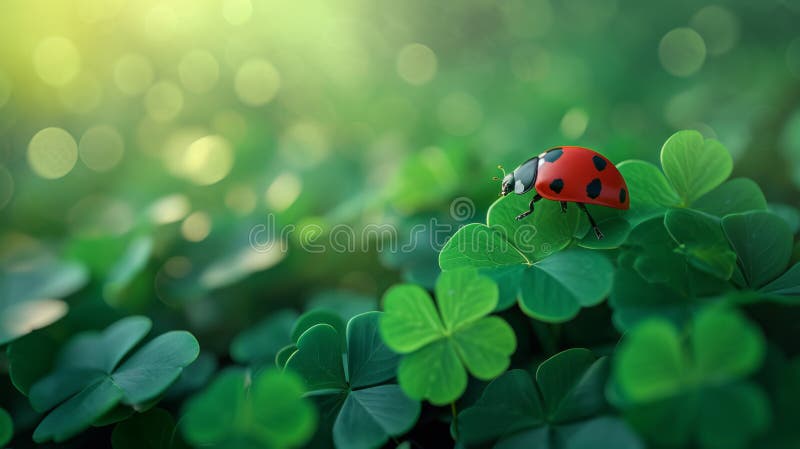Red Ladybug on Four Leaf Clover Stock Illustration - Illustration of ...