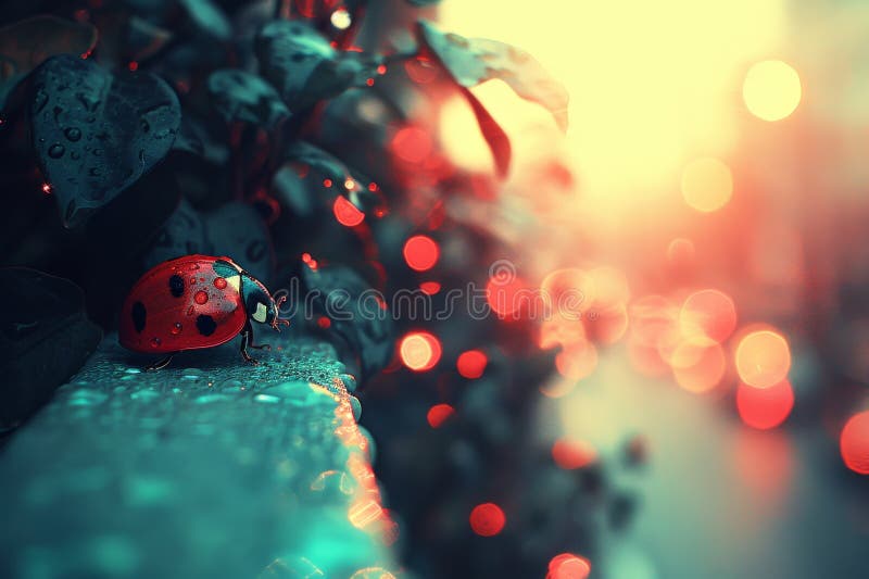 Red Ladybug on a Green Leaf with a Blurred Background of Red Lights ...