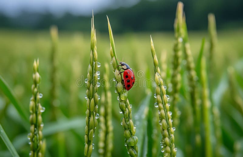 Red Ladybug on Green Rice Blade with Blurry Grass and Trees Background ...