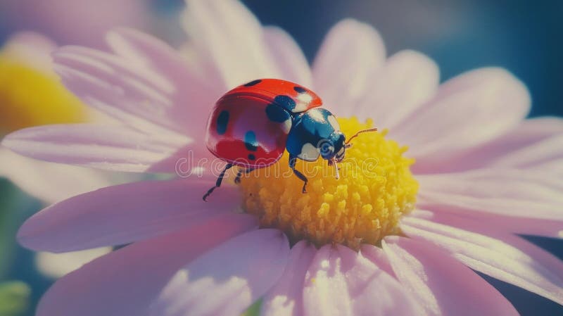 Red Ladybug on Pink Daisy Flower Closeup Stock Illustration ...