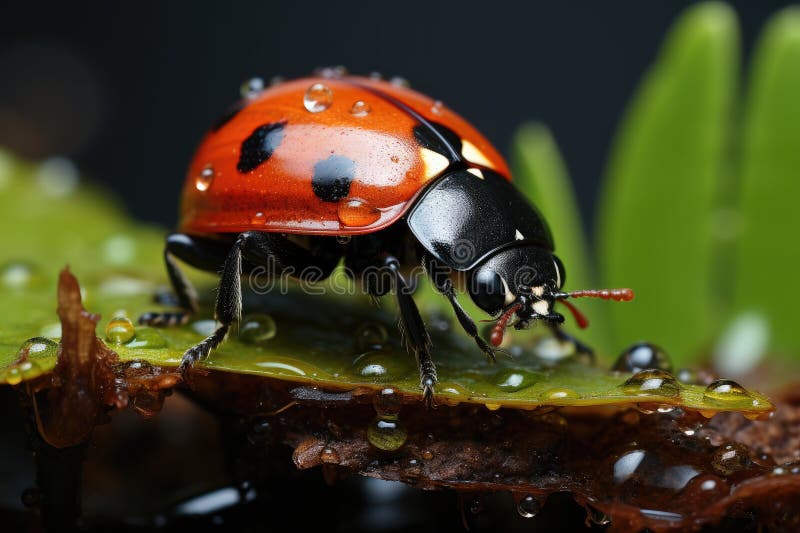 Red Ladybug Resting on a Green Leaf Stock Illustration - Illustration ...