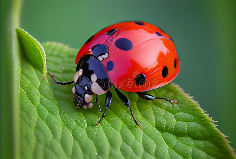 Macro Red Ladybug Resting on a Green Leaf - Generative AI Stock ...