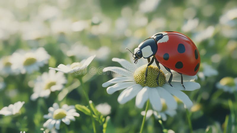 Red Ladybug on White Daisy Flower in Green Field Stock Illustration ...