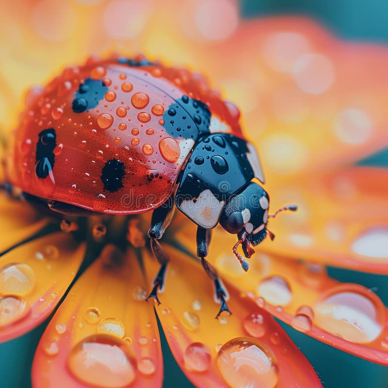 Red Ladybug on Yellow Flower with Water Drops, Isolated on Solid ...