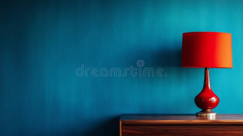 Red Lamp on Wooden Table Against Blue Wall, Interior Design Concept ...