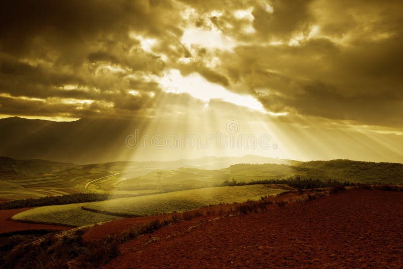 Red Land and Village in Sunset Stock Image - Image of colorful ...