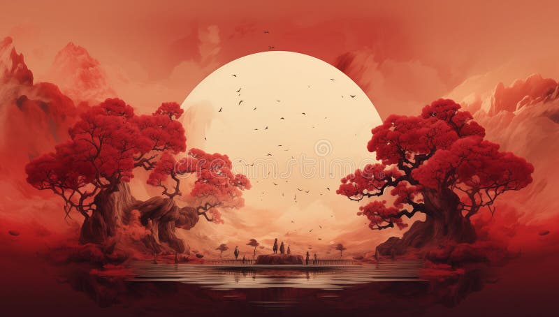 Red Landscape, Island on a Lake Against the Backdrop of a Huge Sun ...