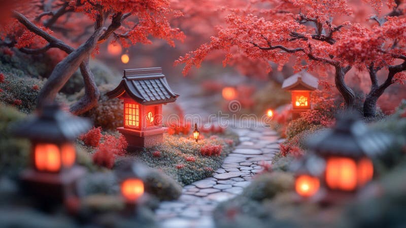 Red Lantern Lit Japanese Garden Path at Night Stock Illustration ...