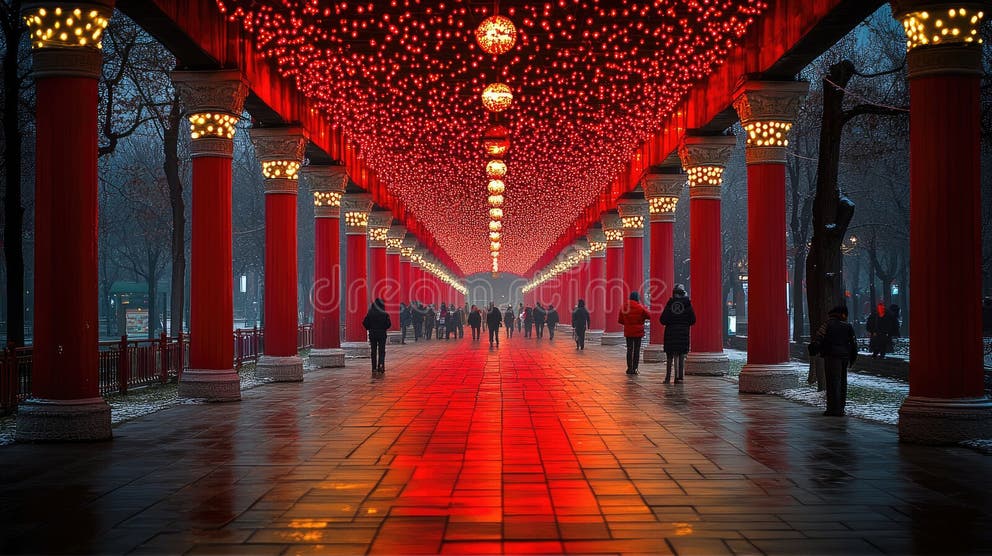 Red Lantern-lit Pathway at Night Stock Image - Image of illuminated ...