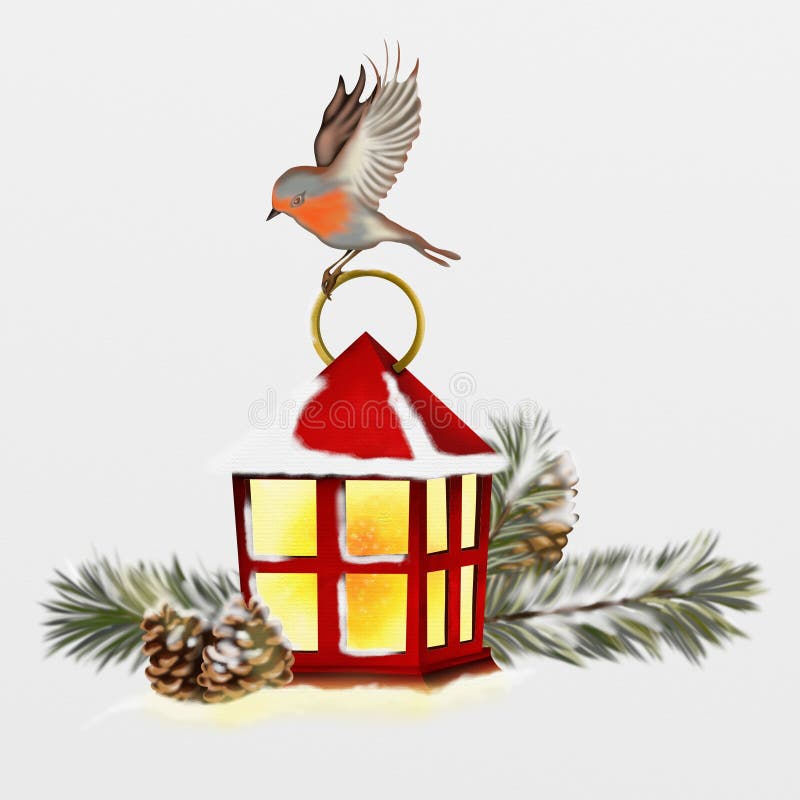 Red lantern and robin stock illustration. Illustration of decoration ...