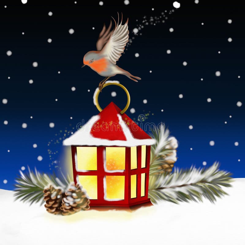Red lantern and robin stock illustration. Illustration of robin - 44099453