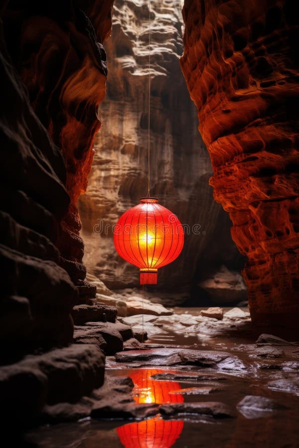 A Red Lantern from a Rope in a Cave Stock Illustration - Illustration ...