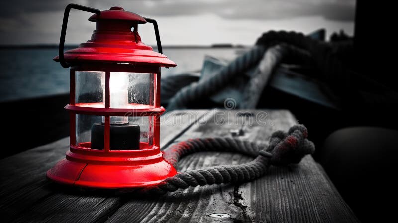 A Red Lantern Sitting on Top of a Wooden Table Next To a Rope Stock ...