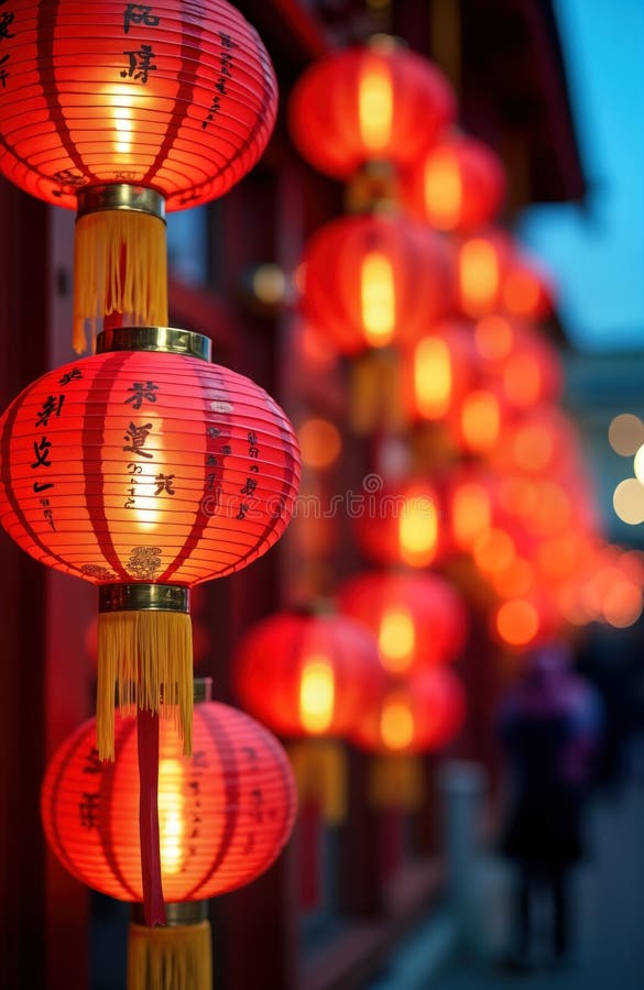 Red Lanterns with Chinese Characters are Hung on a String Along a Wall ...