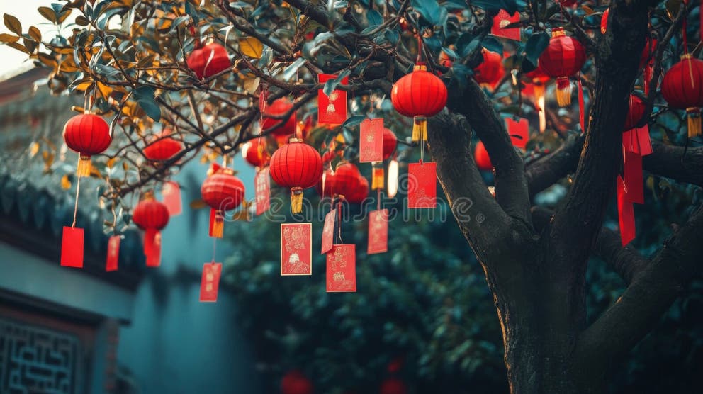 Red Lanterns and Envelopes Hanging from Tree Branches Stock ...