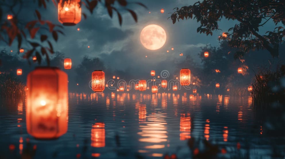 Red Lanterns Float on Dark Water Under a Full Moon Stock Illustration ...