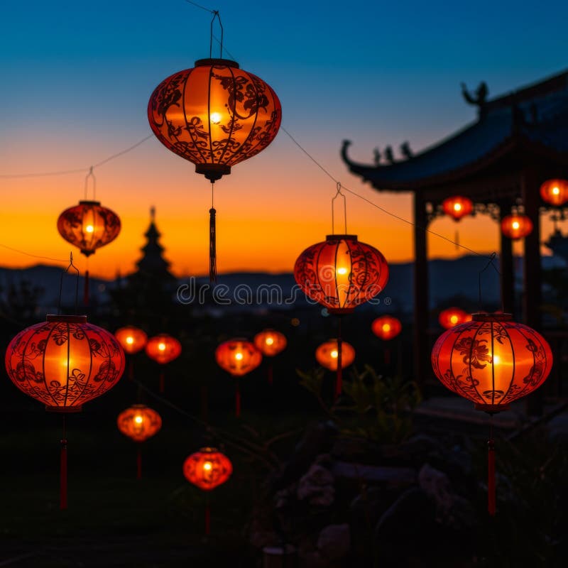 Red Lanterns Glow at Sunset Near Asian Temple Stock Illustration ...