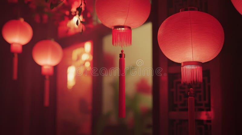 Red Lanterns Glow in Traditional Asian Setting Stock Illustration ...