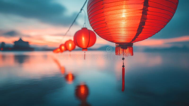 Red Lanterns Glowing at Sunset Over Calm Water Stock Illustration ...