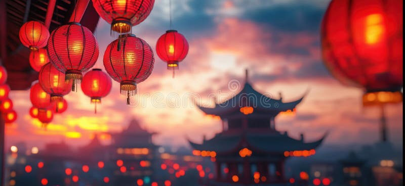Red Lanterns Glowing Sunset Over Traditional Chinese Architecture Stock ...