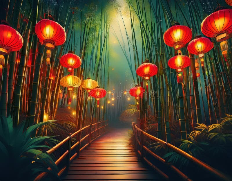 Red Lanterns Hang among Bamboo, Creating Stock Image - Image of ...