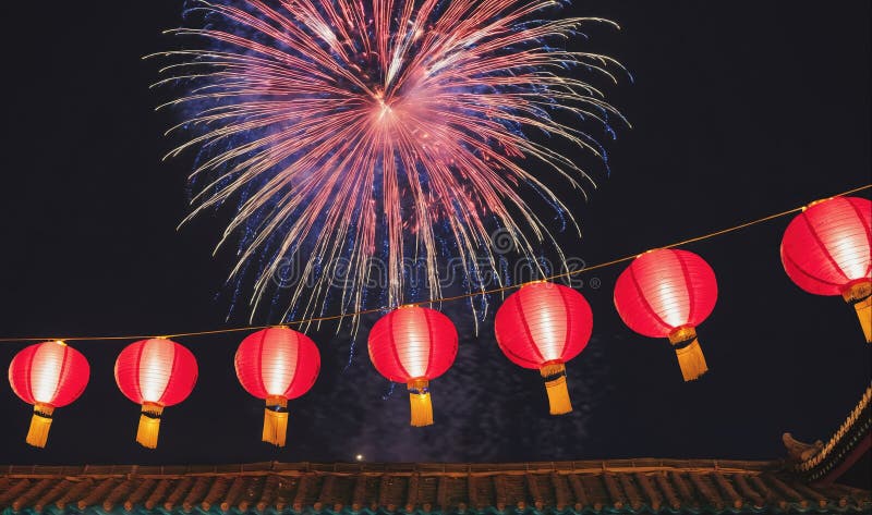 Red Lanterns Hang in the Night Sky As Fireworks Explode Overhead Stock ...