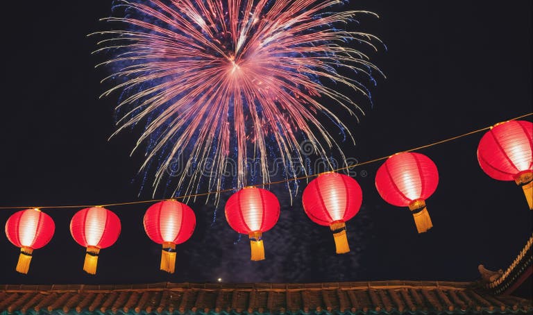 Red Lanterns Hang in the Night Sky As Fireworks Explode Overhead Stock ...