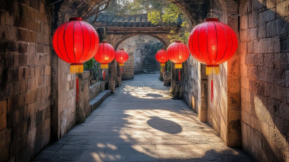 Red Lanterns Hanging in Stone Archway Pathway Stock Illustration ...