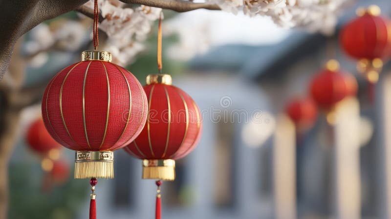 Red Lanterns Hanging from Tree Branch, Symbolizing Celebration and Joy Stock Image - Image of ...