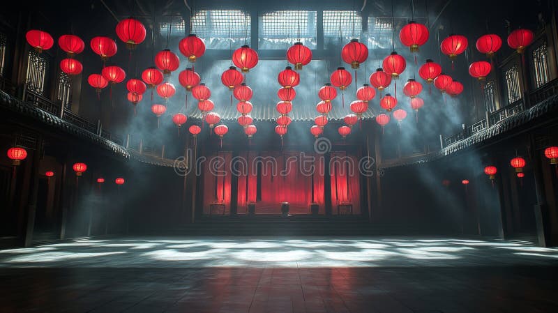 Red Lanterns Illuminate Dark Asian Temple Interior Stock Illustration ...